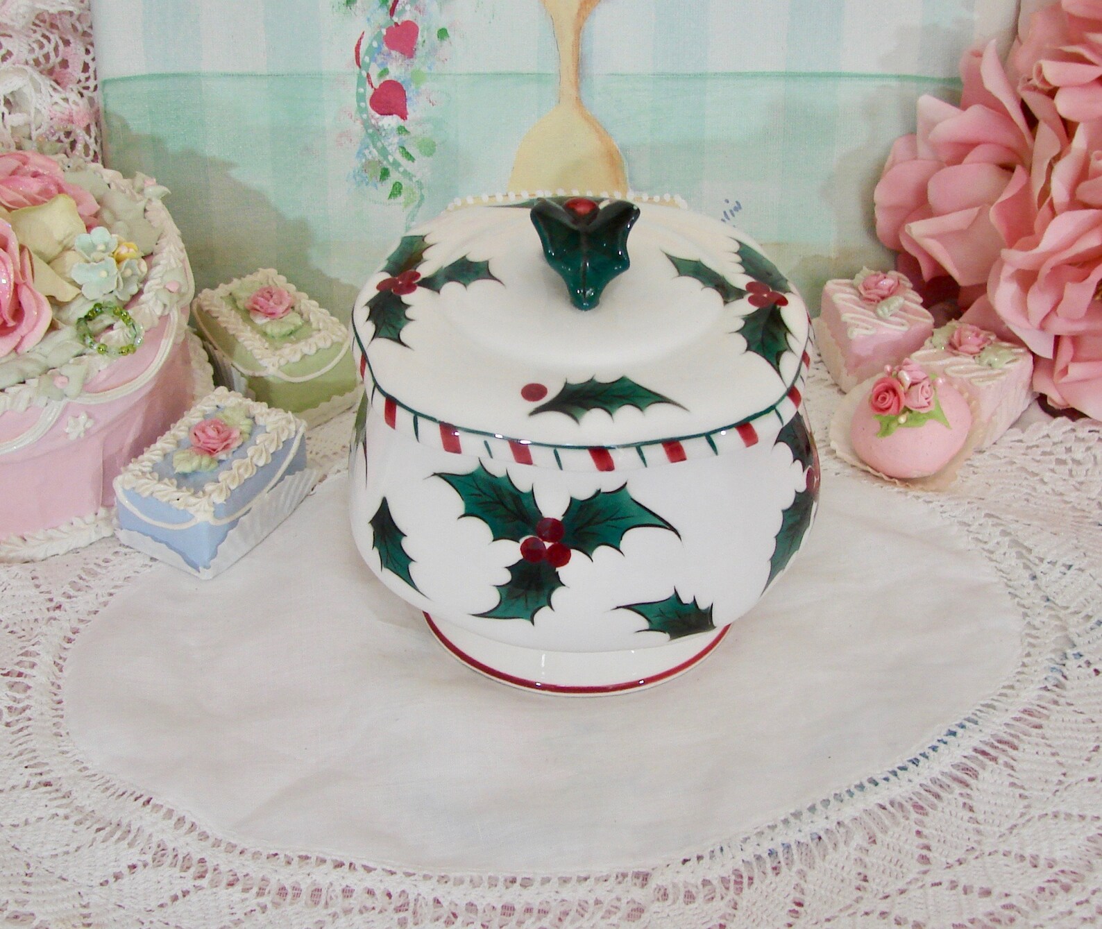 Vintage Hand Painted Lefton Holly Berry Candy Cane Trim - Etsy