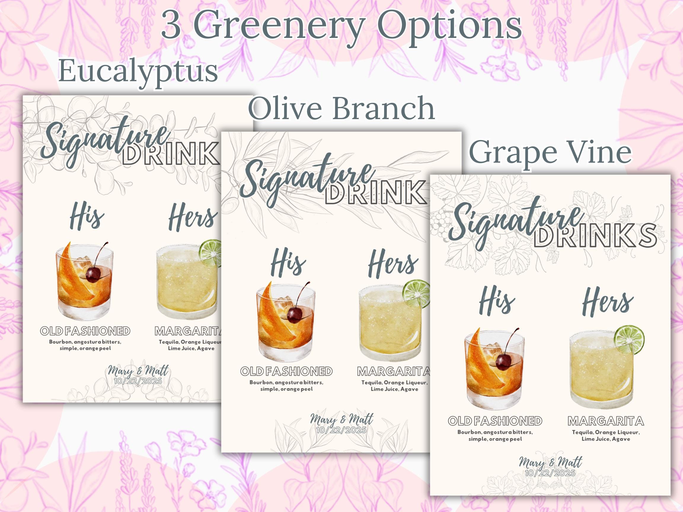 Signature Drinks Printable Template (eucalyptus, Olive Branch, or Grape ...