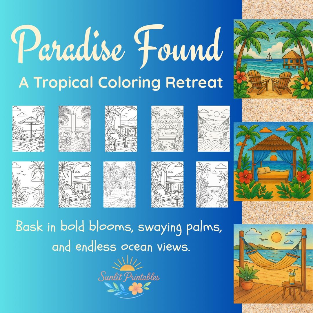 Printable Tropical Escape Coloring Pages for Adults, 10 Intricate ...