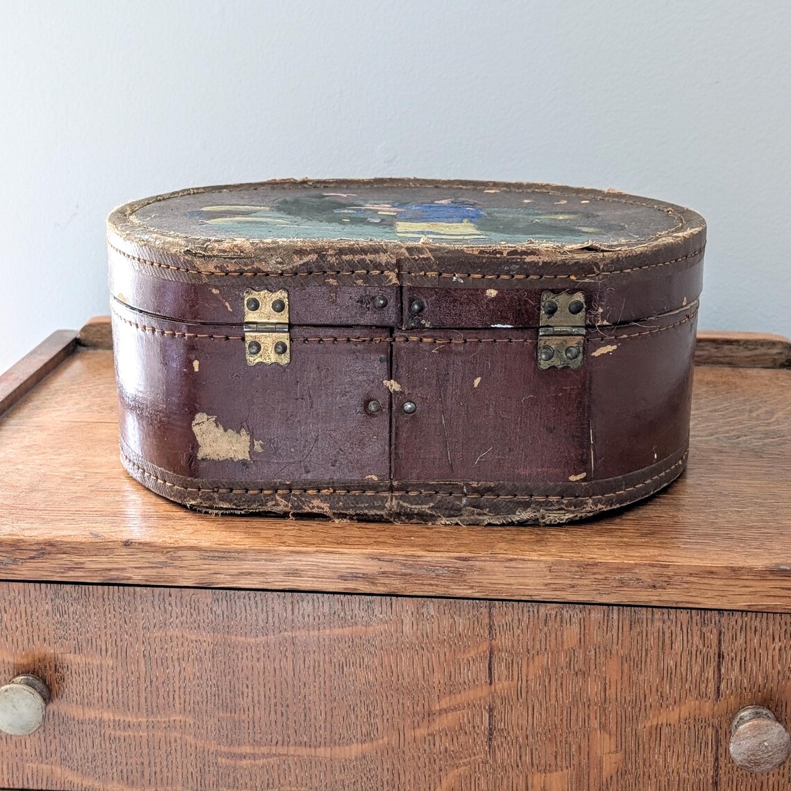 Antique Round Suitcase - Small Hat / Doll Case - Embossed Asian Design ...