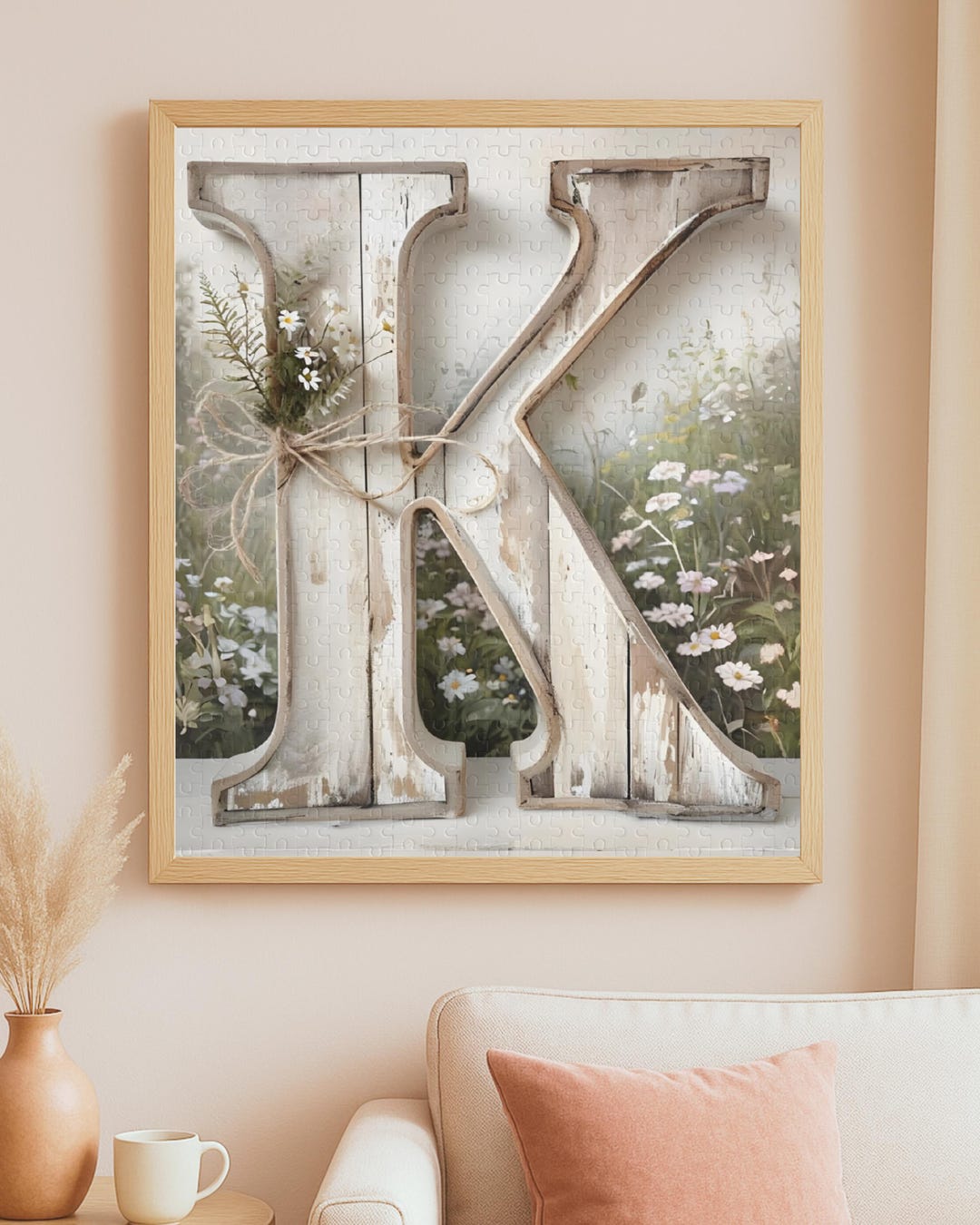 Rustic Monogram Puzzle K With White Flowers, Wooden Letter Jigsaw ...