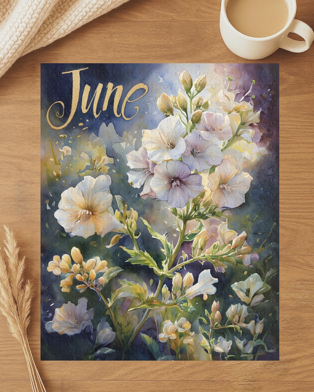 June Month Flower Puzzle, Watercolor Honeysuckle Floral Jigsaw Game ...
