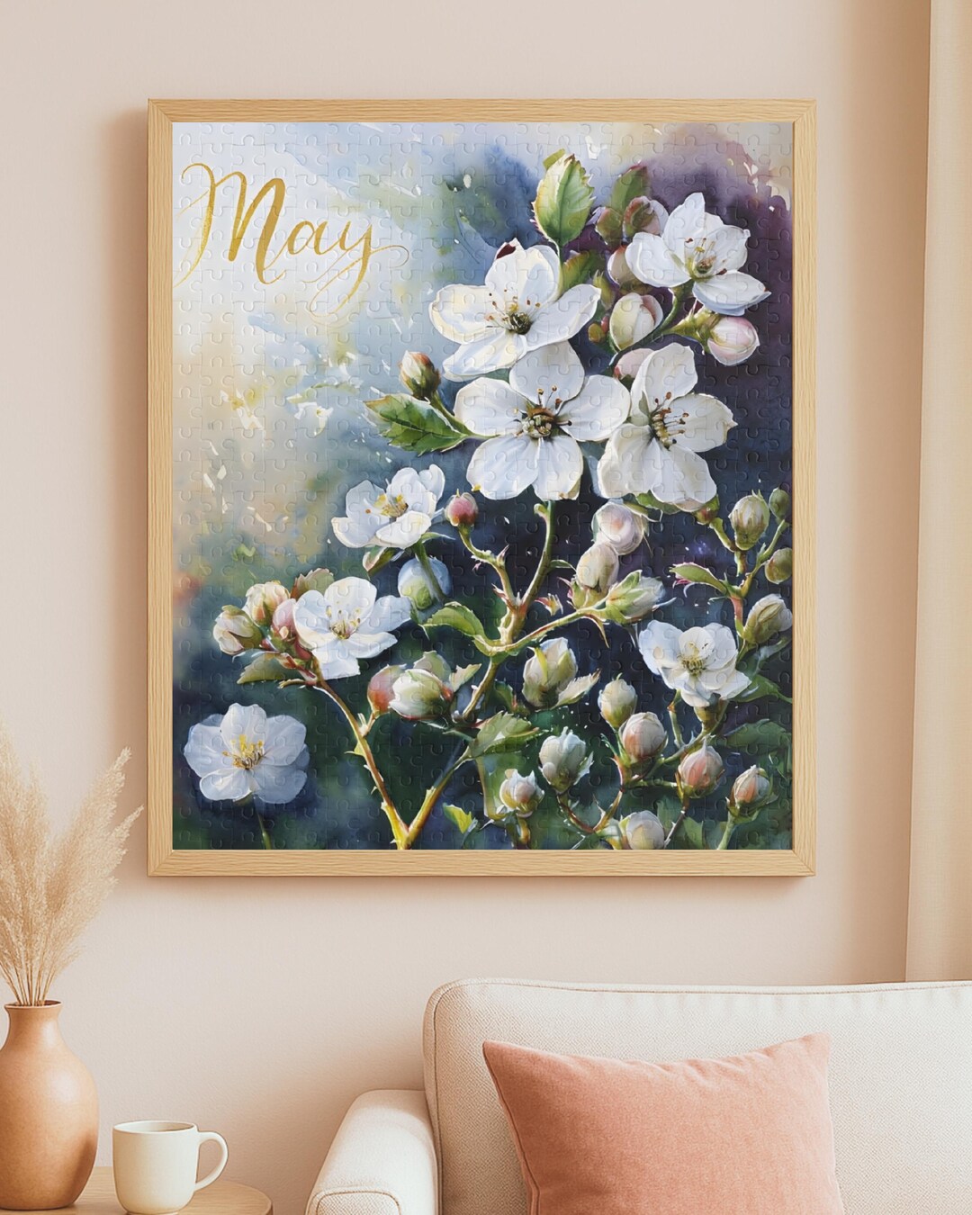 Hawthorn May Birth Flower Puzzle: Watercolor Floral Jigsaw (120/250/500 ...