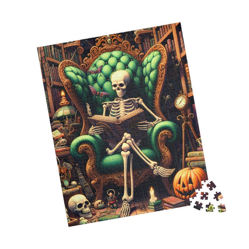 Skeleton Reading Jigsaw Puzzle: Spooky Gothic Library Halloween Scene ...
