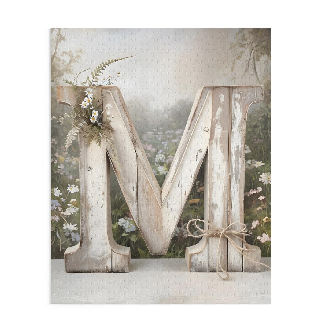 Rustic Letter M Puzzle, Wooden Monogram With Natural Floral Garden ...