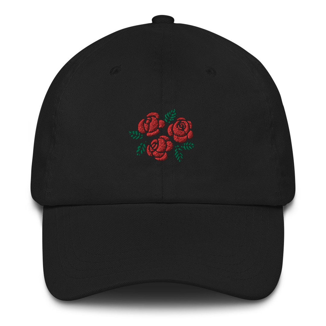 Rose Embroidered Dad Cap. Black Baseball Hat With Roses Design. Floral ...