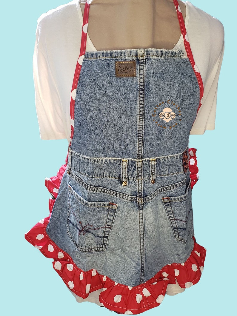 Red Dots, Adult Recycled/repurposed Jean Full Apron, Country Girl Apron ...