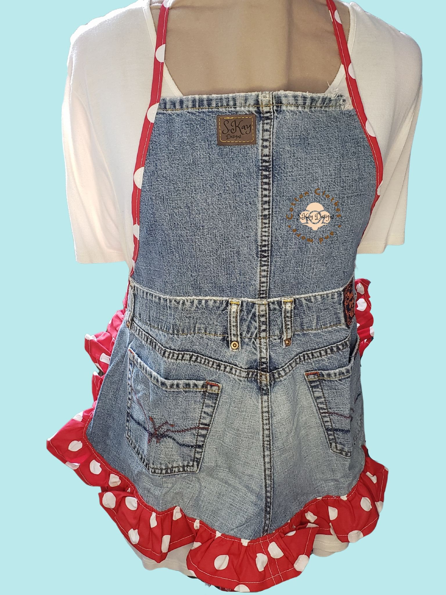 Red Dots, Adult Recycled/repurposed Jean Full Apron, Country Girl Apron ...