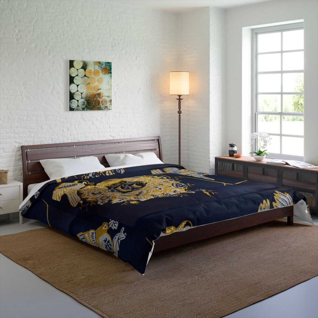 Yellow Blue Bird Floral Comforter | Navy Botanical Duvet Cover - Etsy
