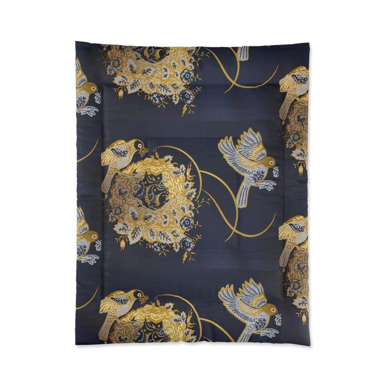 Yellow Blue Bird Floral Comforter | Navy Botanical Duvet Cover - Etsy