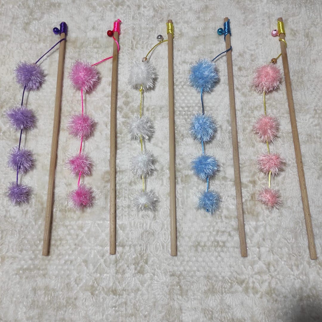 Fluffy Pom Pom Cat Wand Toy: Interactive Teaser With Bell - Etsy
