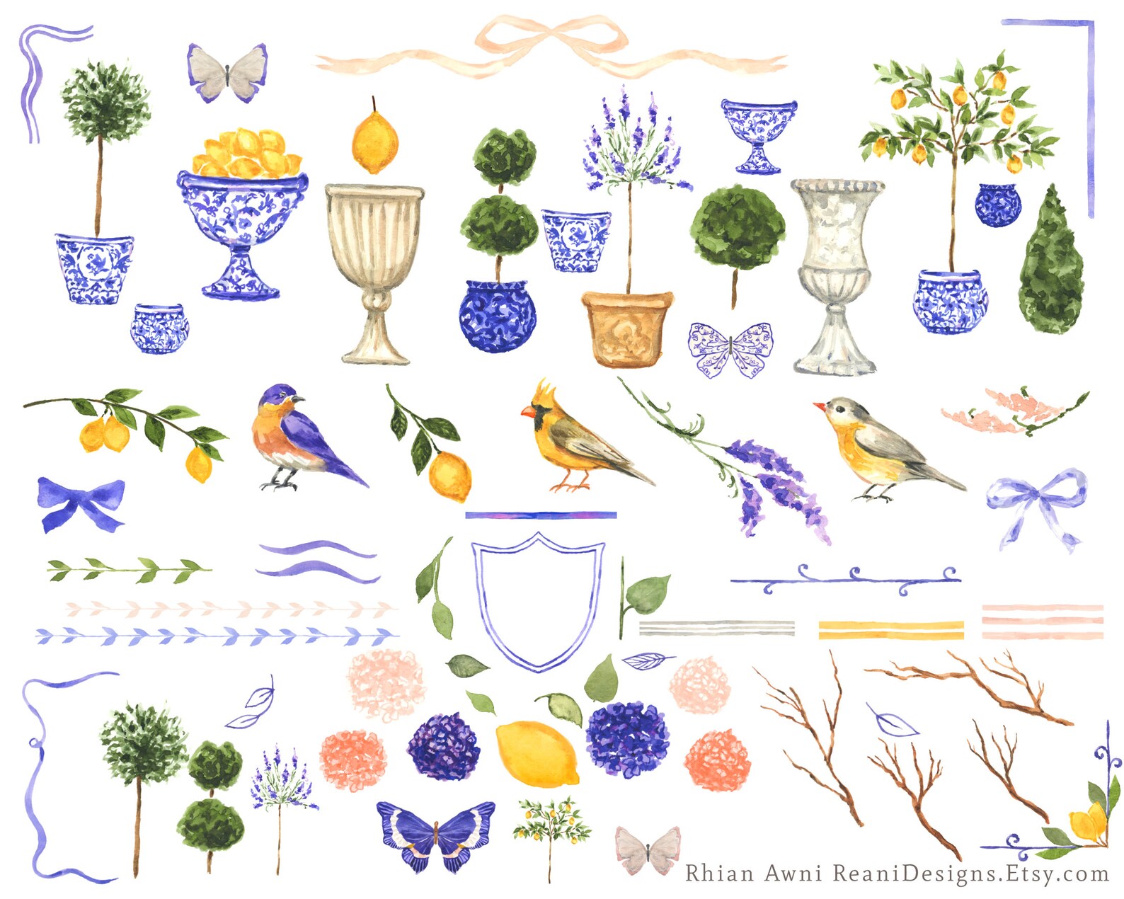 Chinoiserie Topiaries Clip Art Watercolor Hydrangea Digital - Etsy