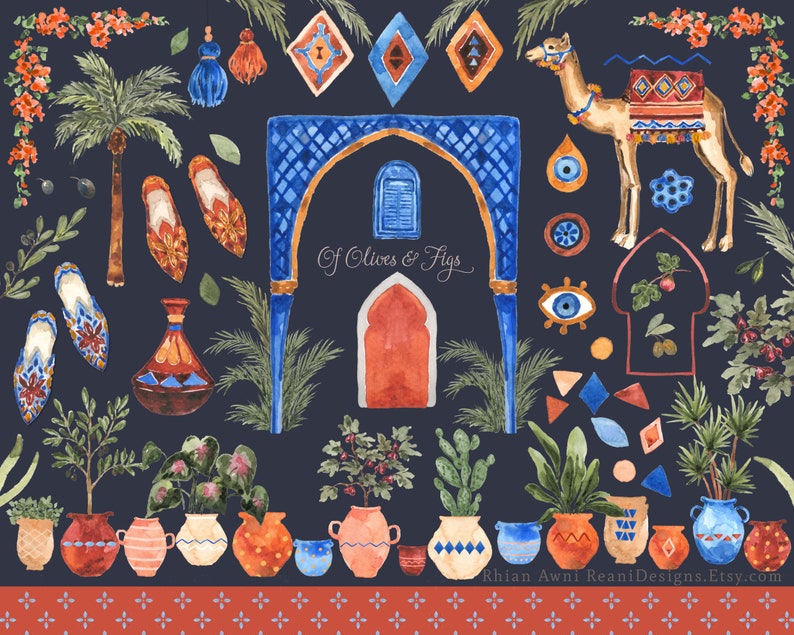 Moroccan Clip Art watercolor Camel Palms Cactus Tropical - Etsy