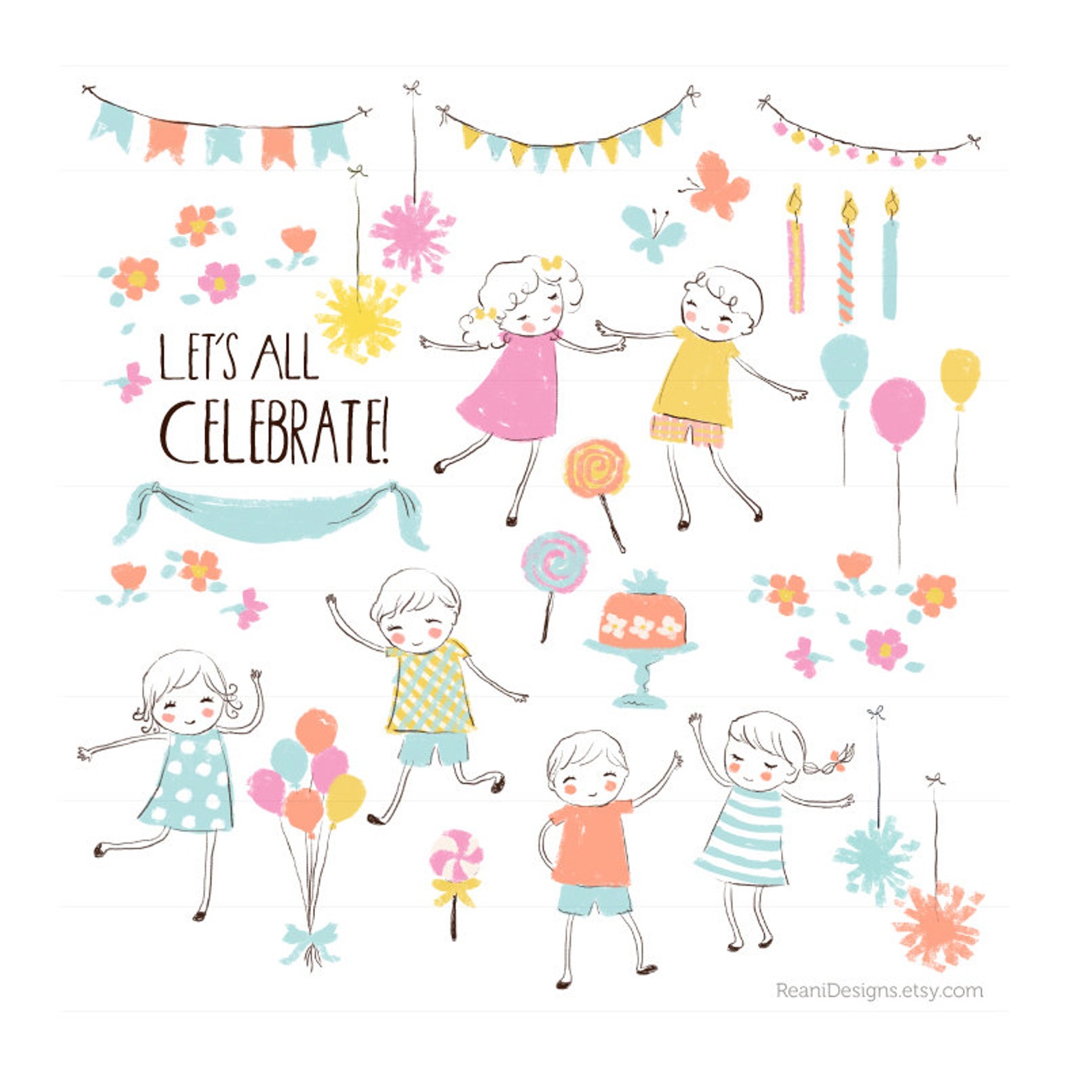 Birthday Party Clipart Kids Children Personal and Commercial Use Clip ...