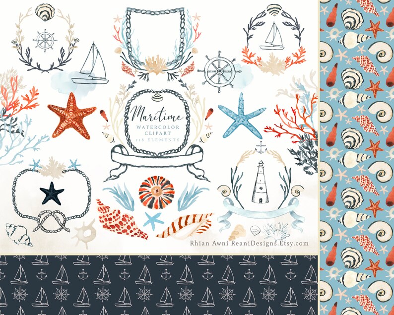 Watercolor Nautical Clip Art Seashells Ink Line Art - Etsy