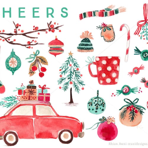 Watercolor Holiday Christmas Clip Art Tree Branch Balls - Etsy