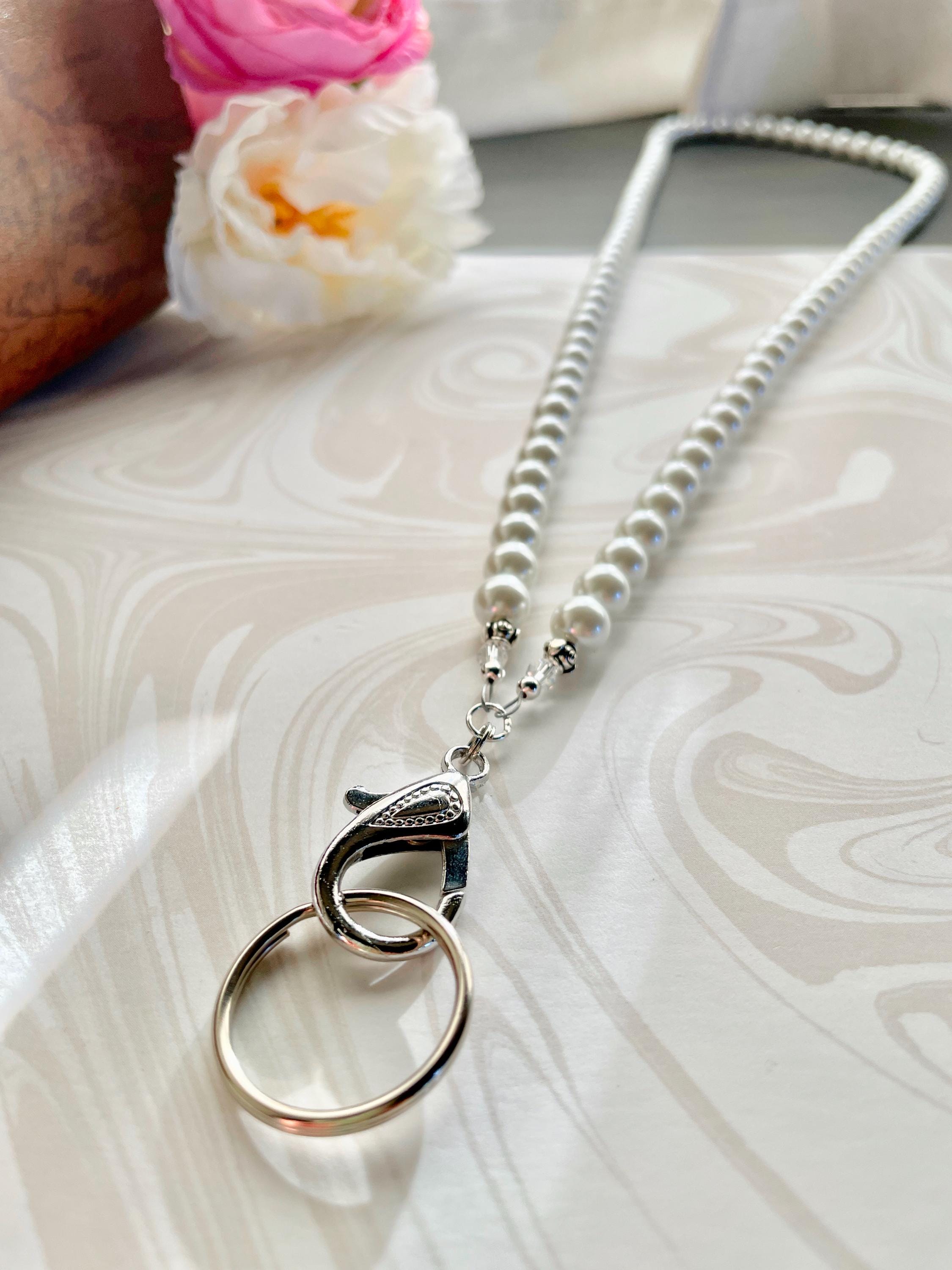 White Pearl Jewelry ID Lanyard (pearl Necklace, ID Hook, ID Badge ...