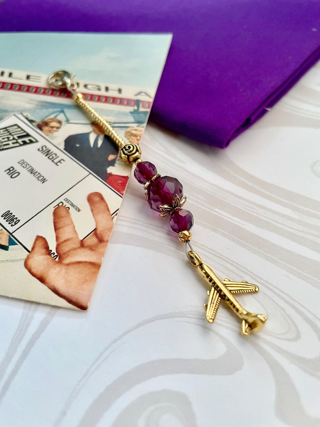 Purple and Gold Airplane Zipper Pull (flight Attendant, Pilot, Gift ...