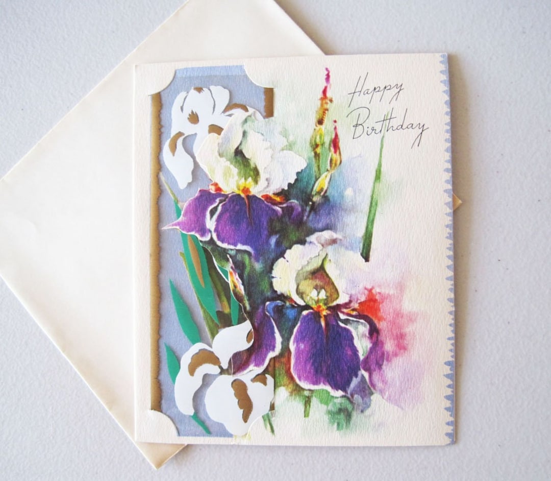 Happy Birthday Irises Two Fold Greeting Card With Detachable Bookmark ...