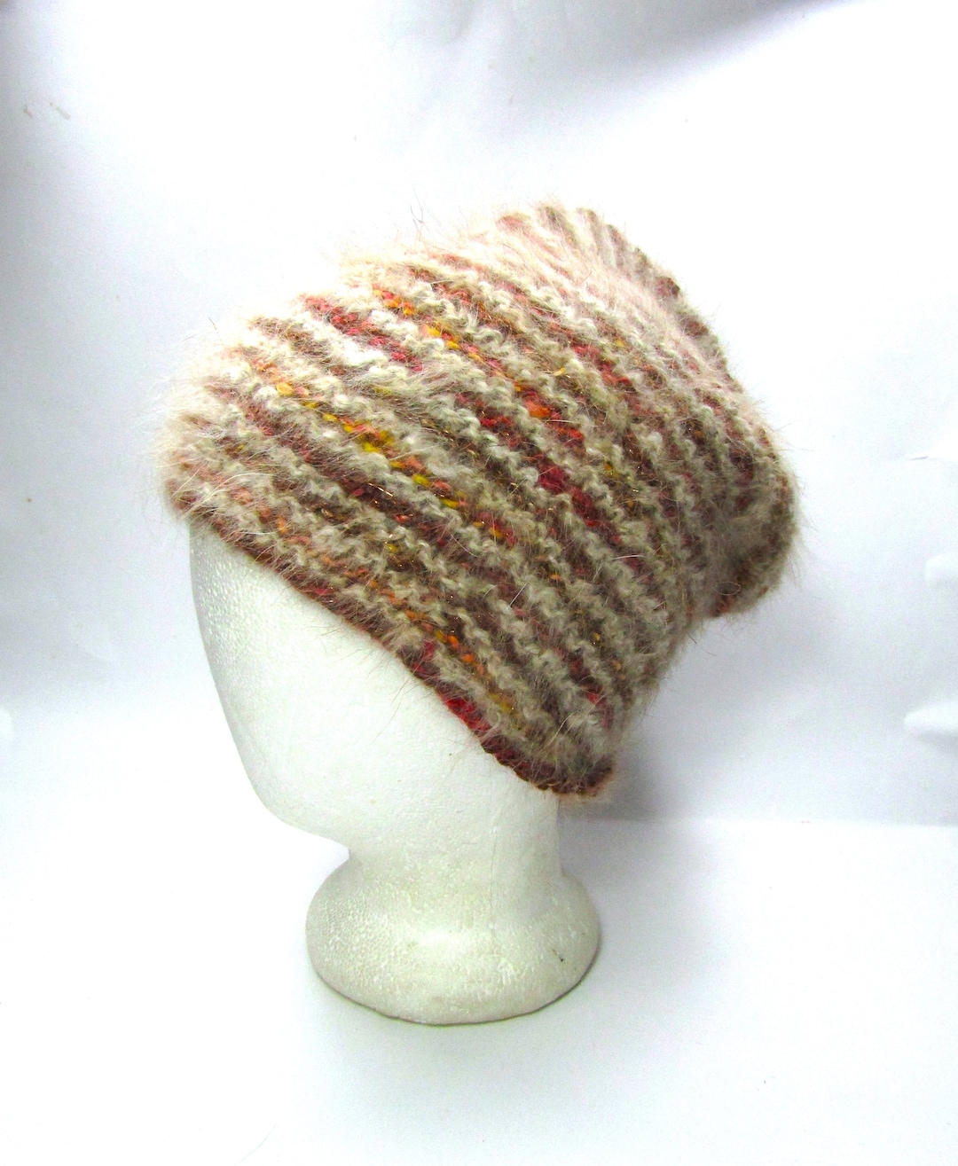 Angora and Wool Striped Hat, Beige Angora and Brown Soft Wool, Hand ...