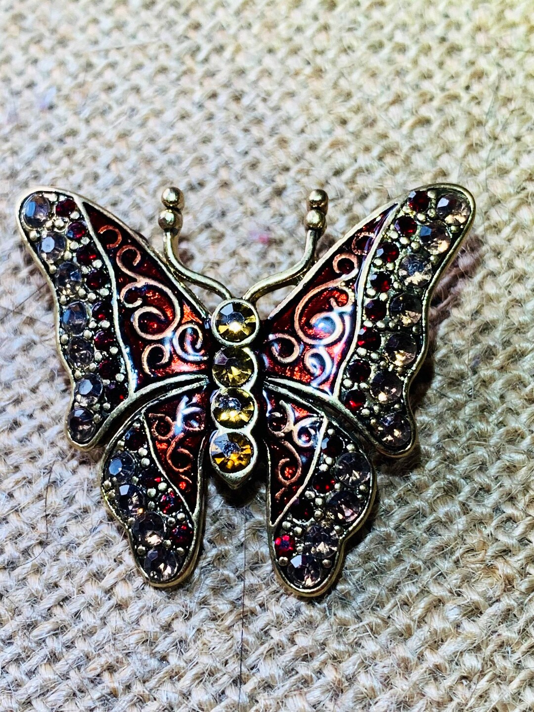 LC Liz Claiborne Butterfly Brooch With Cloisonné and Tiny Burgundy and ...