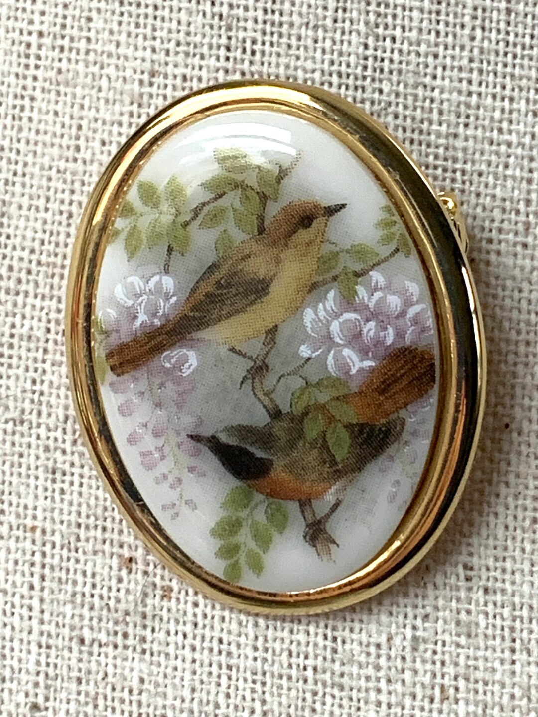 Vintage Birds and Flowers Oval Porcelain Brooch - Etsy