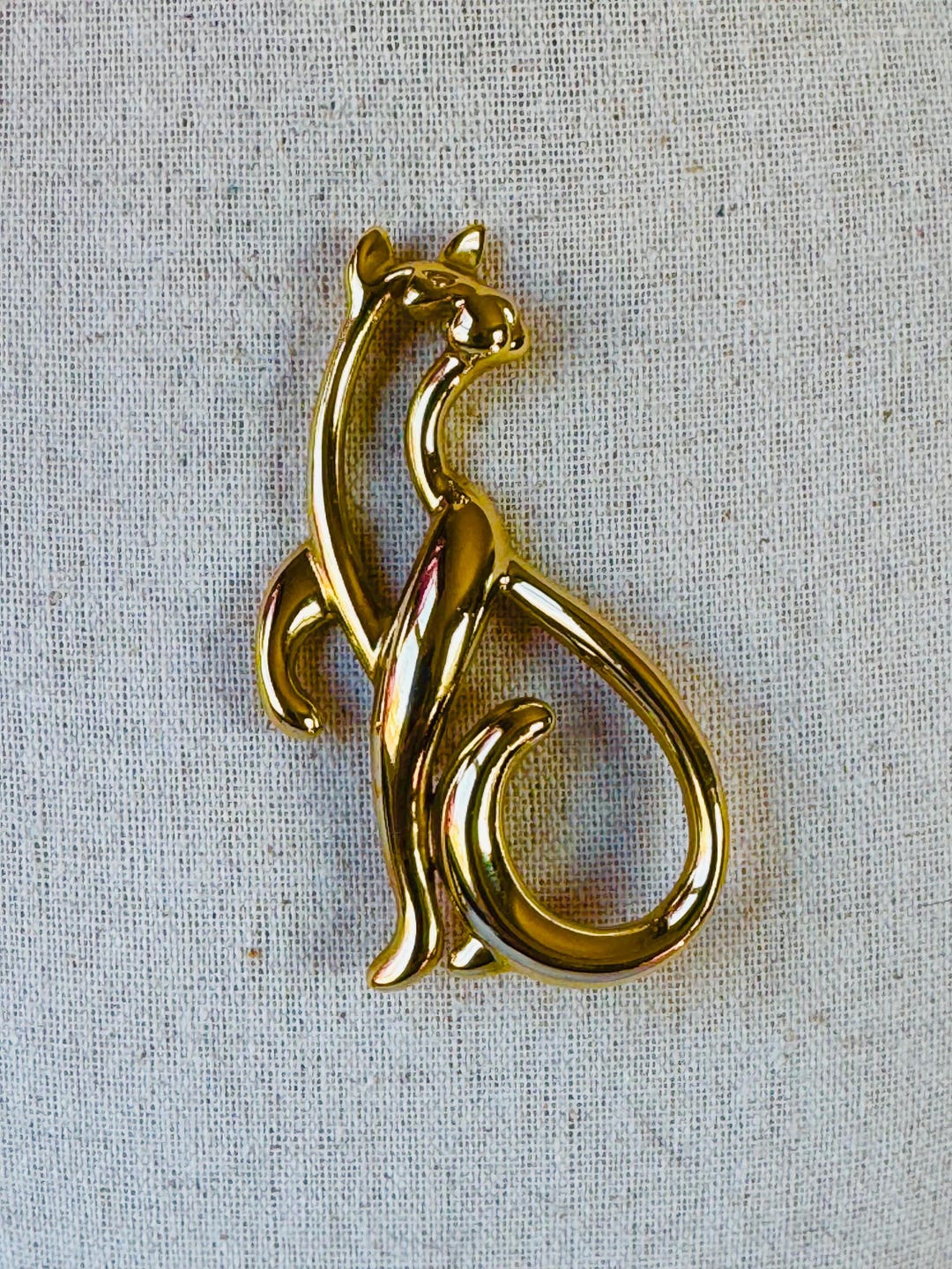 PISCITELLI Rare Modernist Abstract Cat Brooch, Shiny Gold Plated Signed ...