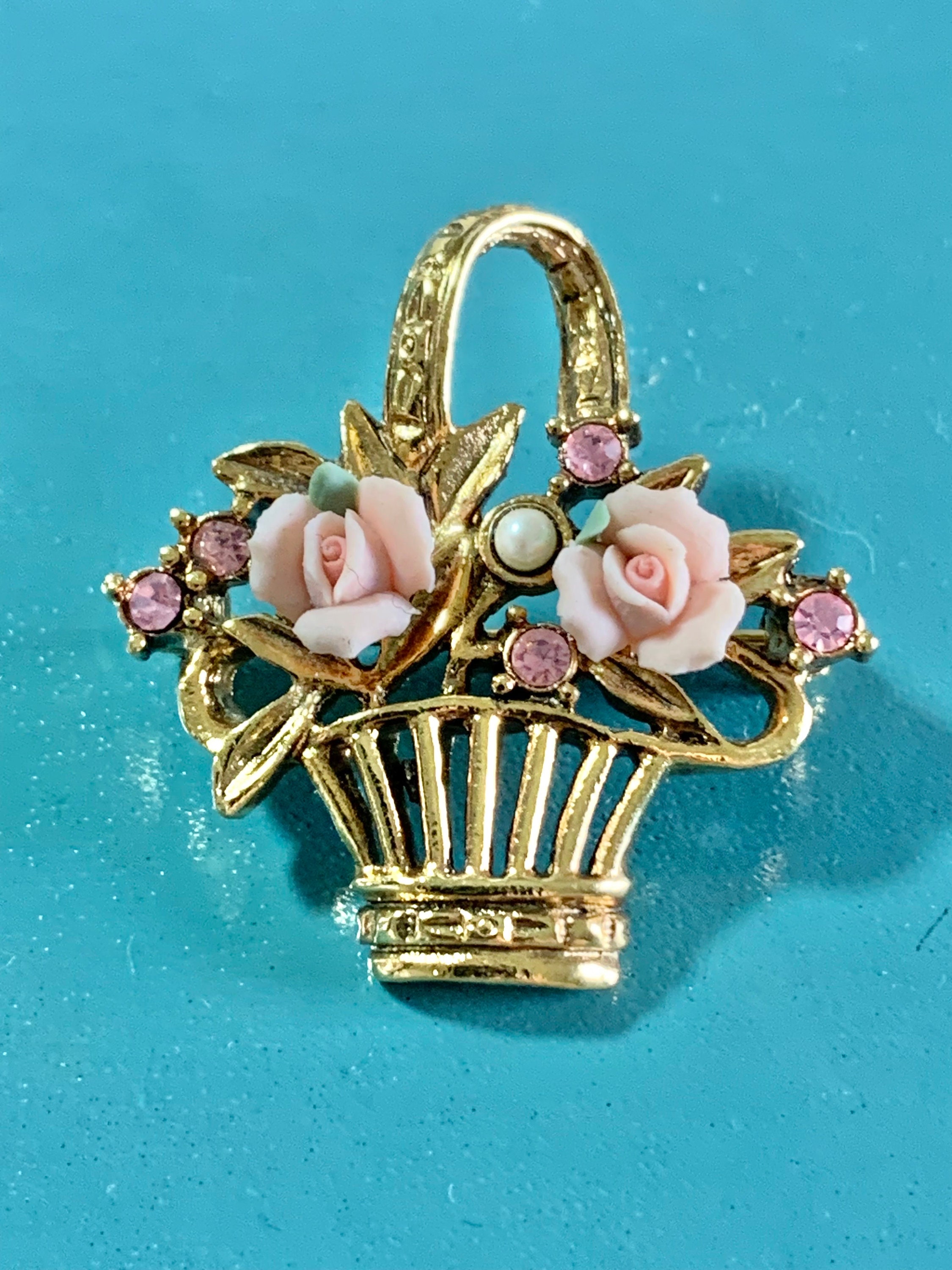rattiesatticjewelry 1928 Jewelry Co. Victorian Style Flower Basket Brooch with Porcelain Flowers and Pink Rhinestone