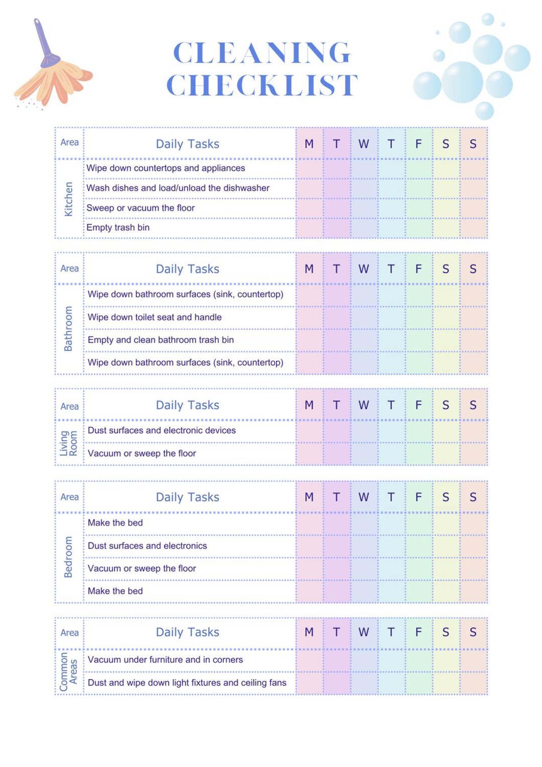 Daily Cleaning Checklist - Printable PDF | Home Cleaning Schedule ...