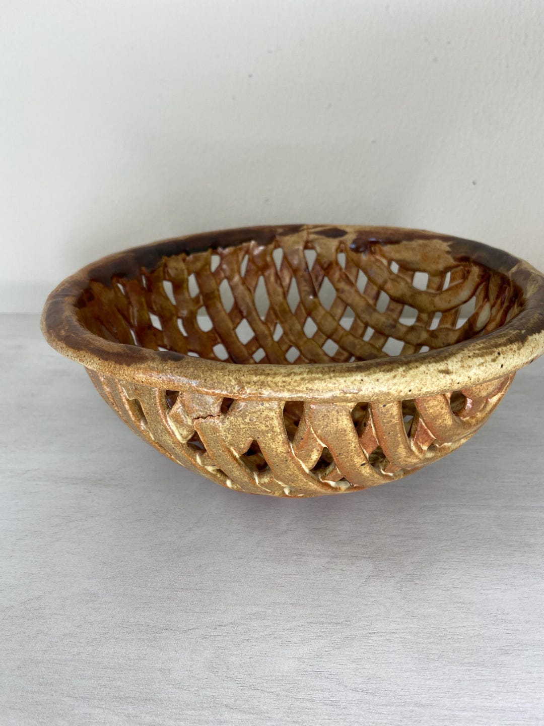 Large 9.5” BASKET Open WEAVE Pottery Handmade BOWL Arts + Crafts Brown ...