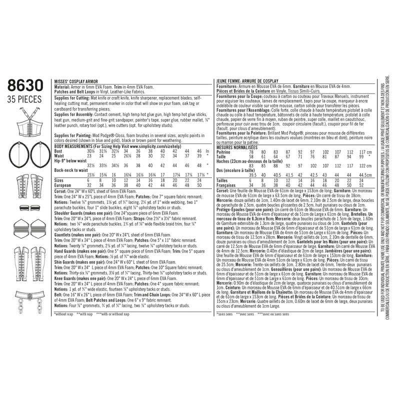 Simplicity Pattern 8630 Misses' Cosplay Armor - Etsy