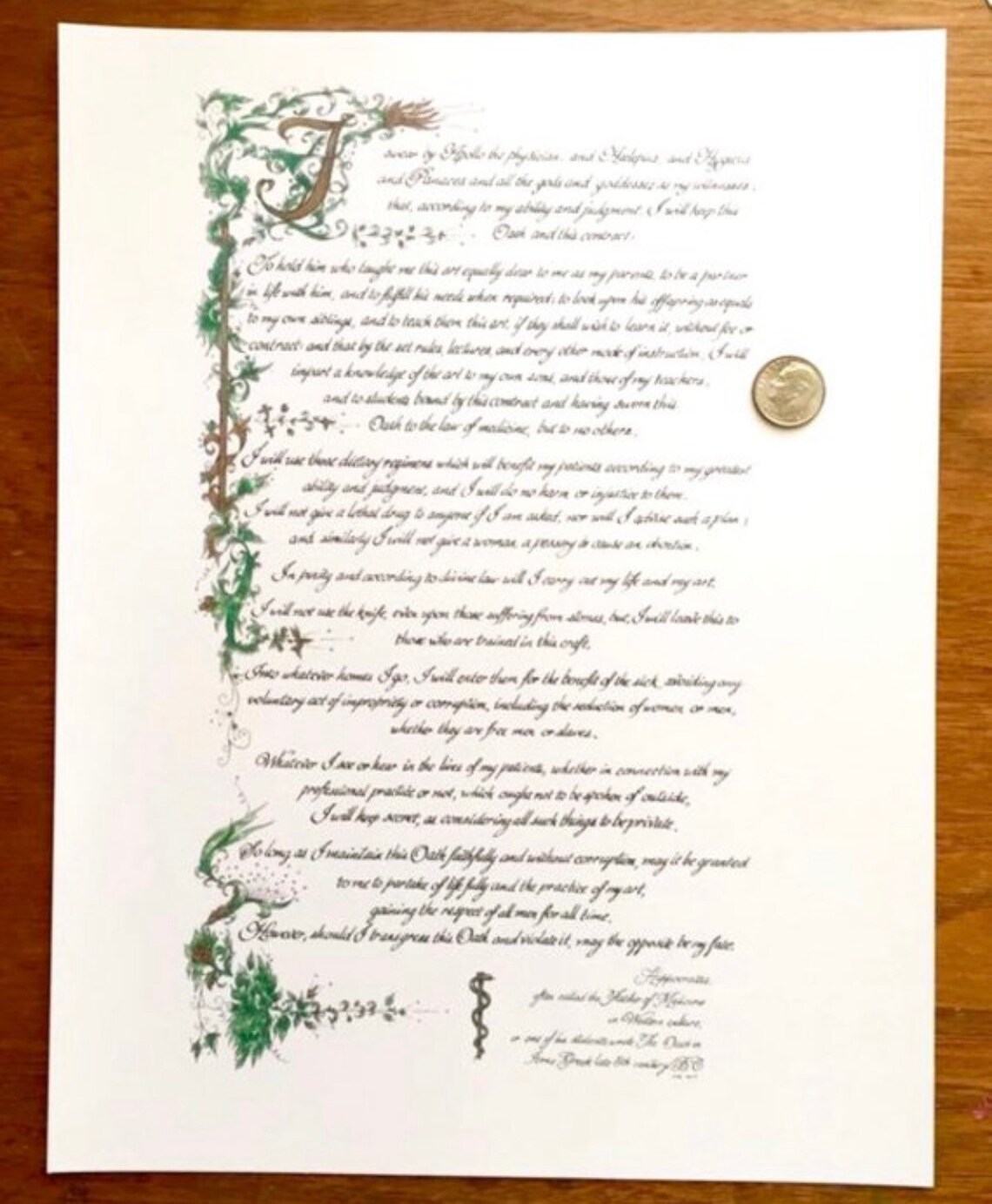 Hippocratic Oath/ Blue/custom Calligraphy/print of Original/old World ...