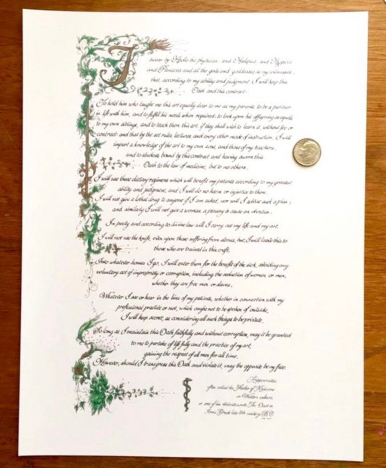 Hippocratic Oath/ Blue/custom Calligraphy/print of Original/old World ...