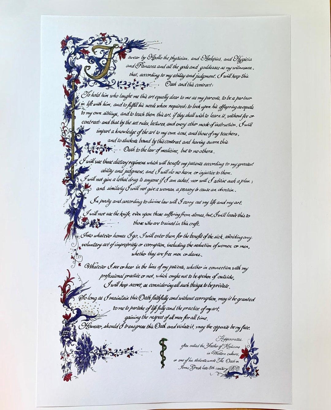 Hippocratic Oath Art Print, Gift for Doctor, Hand Painted Calligraphy ...