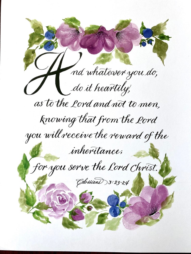 Colossians 3:23-24 Art Print, Purple Floral Christian Calligraphy - Etsy