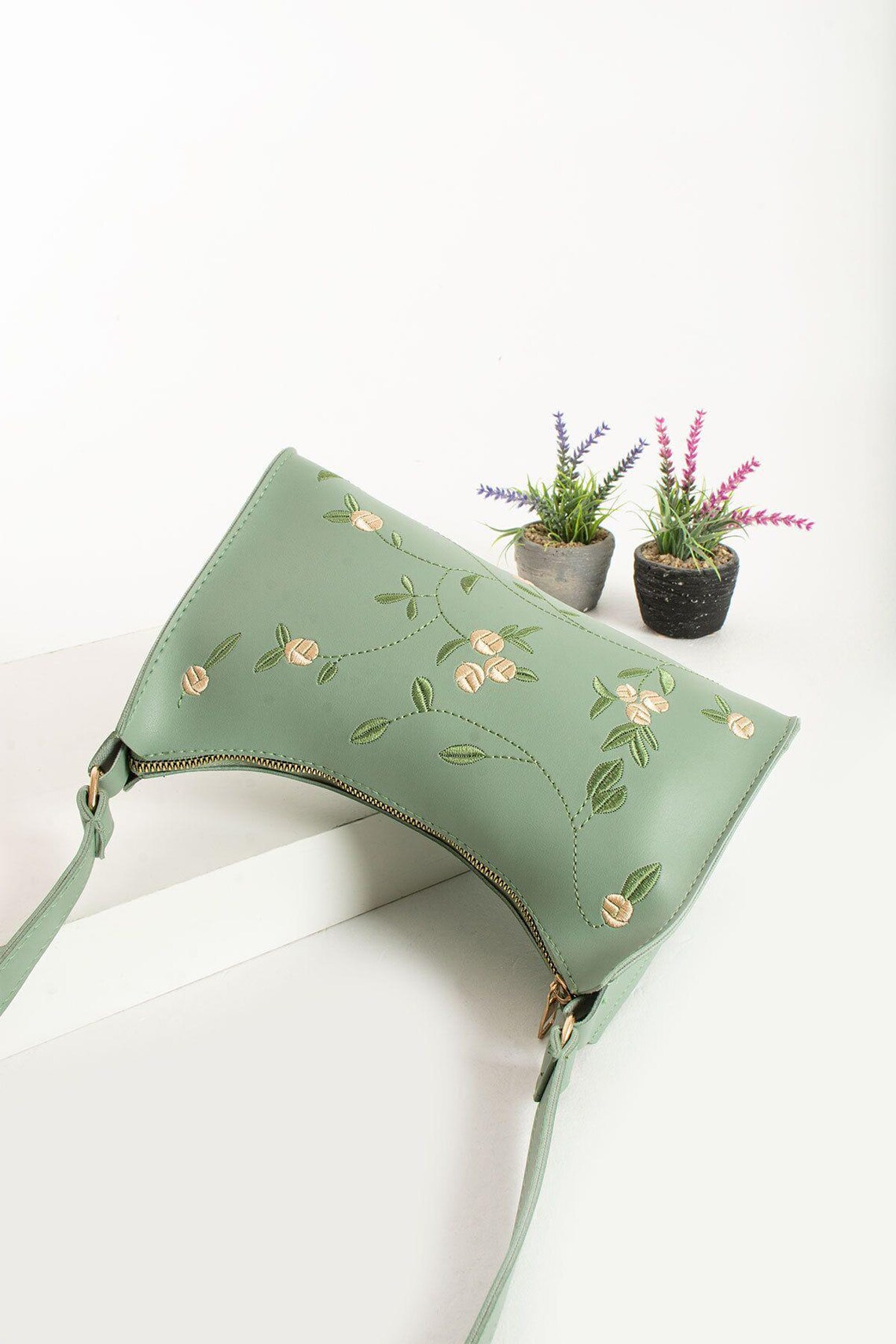 Sage Green Embroidered Shoulder Bag: Elegant Floral Design - Etsy