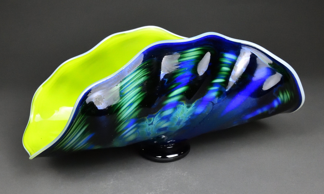 Hand Blown Ruffled Glass Clamshell Bowl in Yellow, Blue, and Lime Green ...