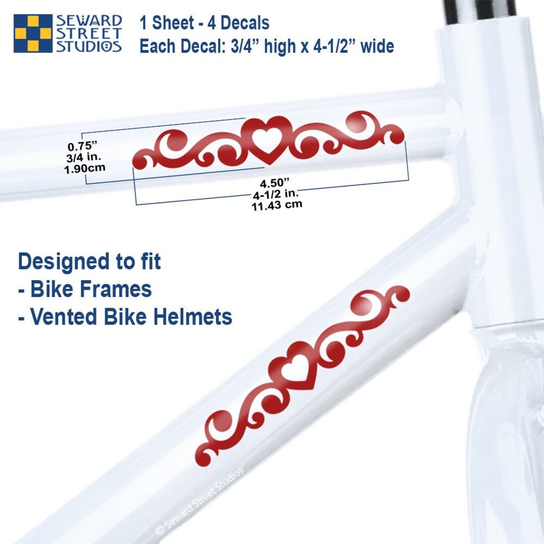 Heart Scrolls Decal Set, Set of 4 Retro Style Bicycle Helmet Stickers ...