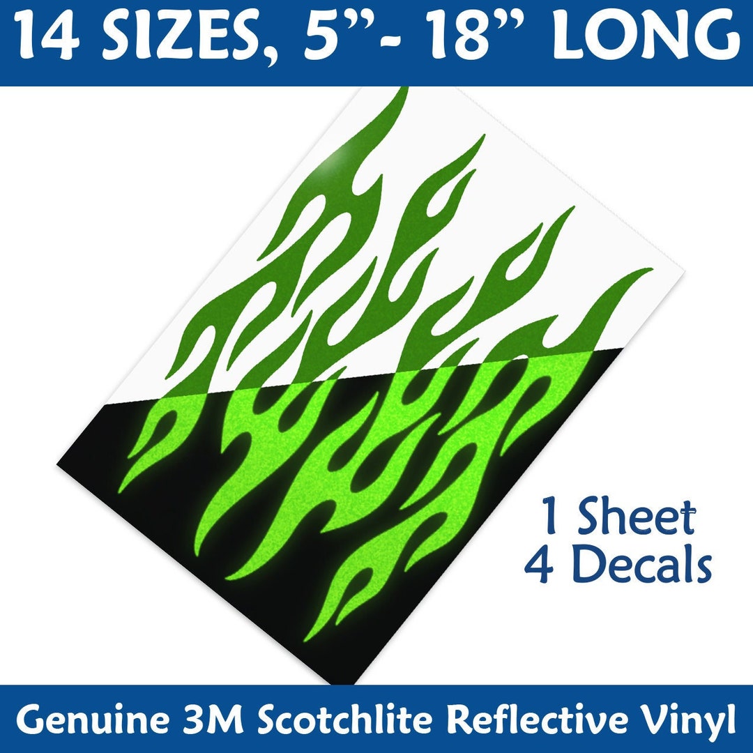 Set of 4 Green Flames Reflective Decals, Retro Flame Bike Helmet ...
