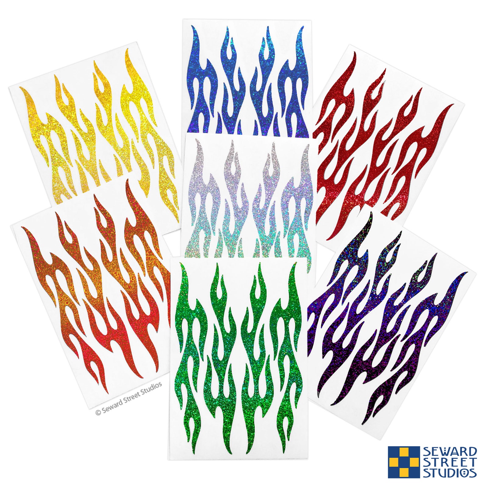Set of 4 Flames Holographic Glitter Decals, Retro Fire Motorcycle ...