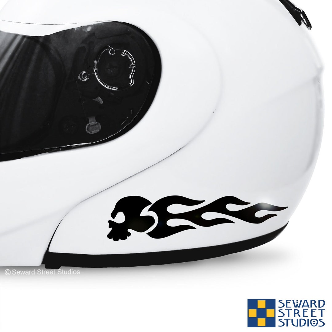 Set of 2 Flaming Skulls Decals, Narrow Fire Skull Motorcycle Helmet Stickers Kit, 3M Reflector ...