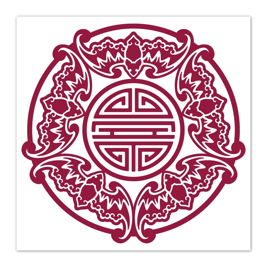 Wu Fu Symbol Decal, Chinese 5 Bats Laptop Sticker, Five Blessings ...