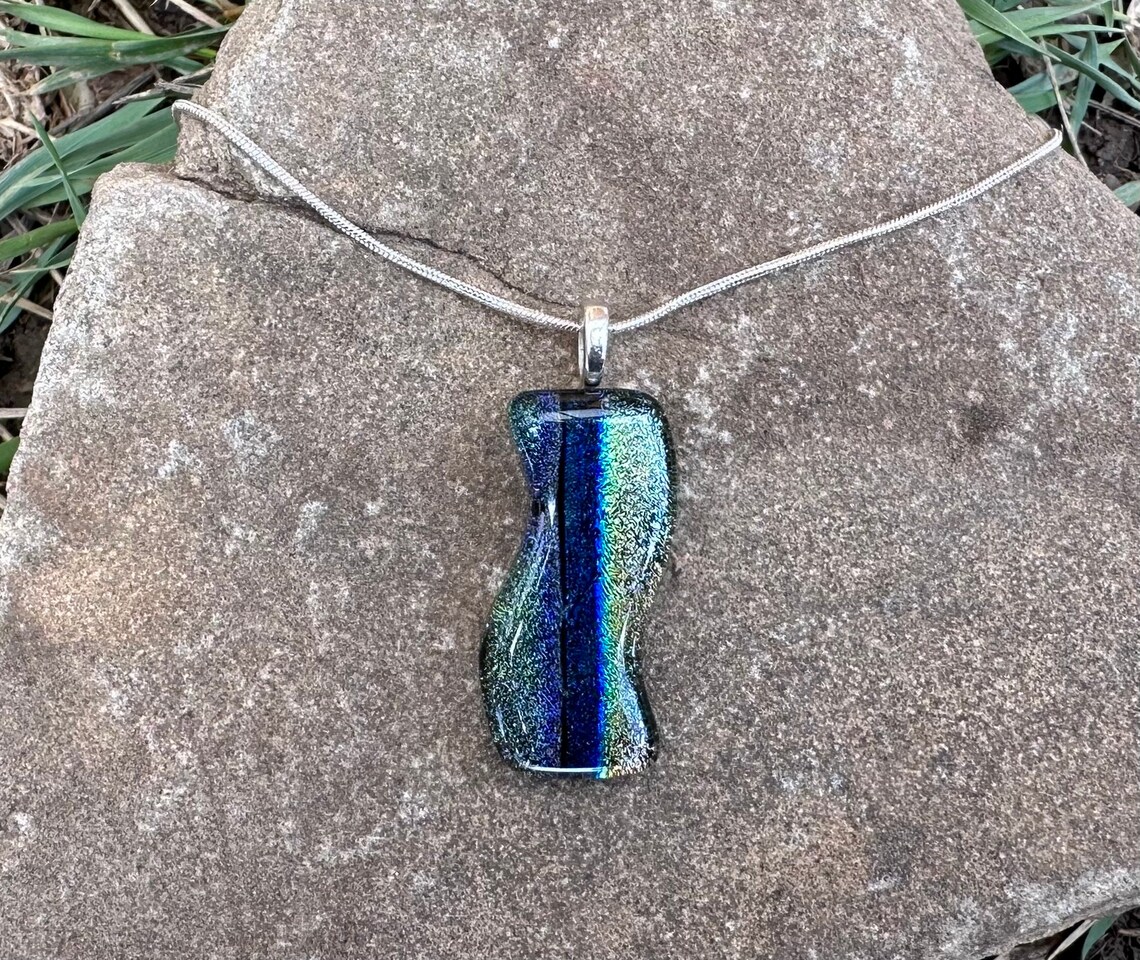 Blue Silver Pink Dichroic Fused Glass Pendant Striped Dichroic Glass ...