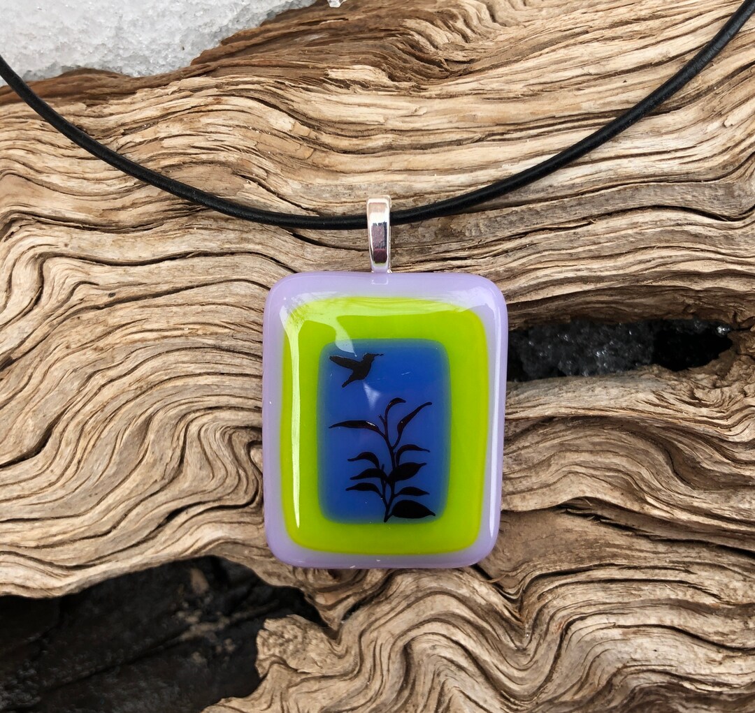 Fused Glass Pendant Necklace - Hummingbird on Periwinkle Charteruse ...