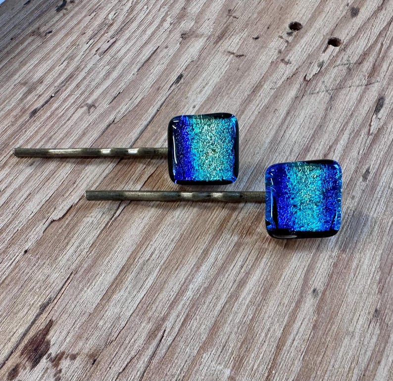 Fused Glass Bobby Pin Pair: Blue Dichroic Glass, Handmade Wearable ...