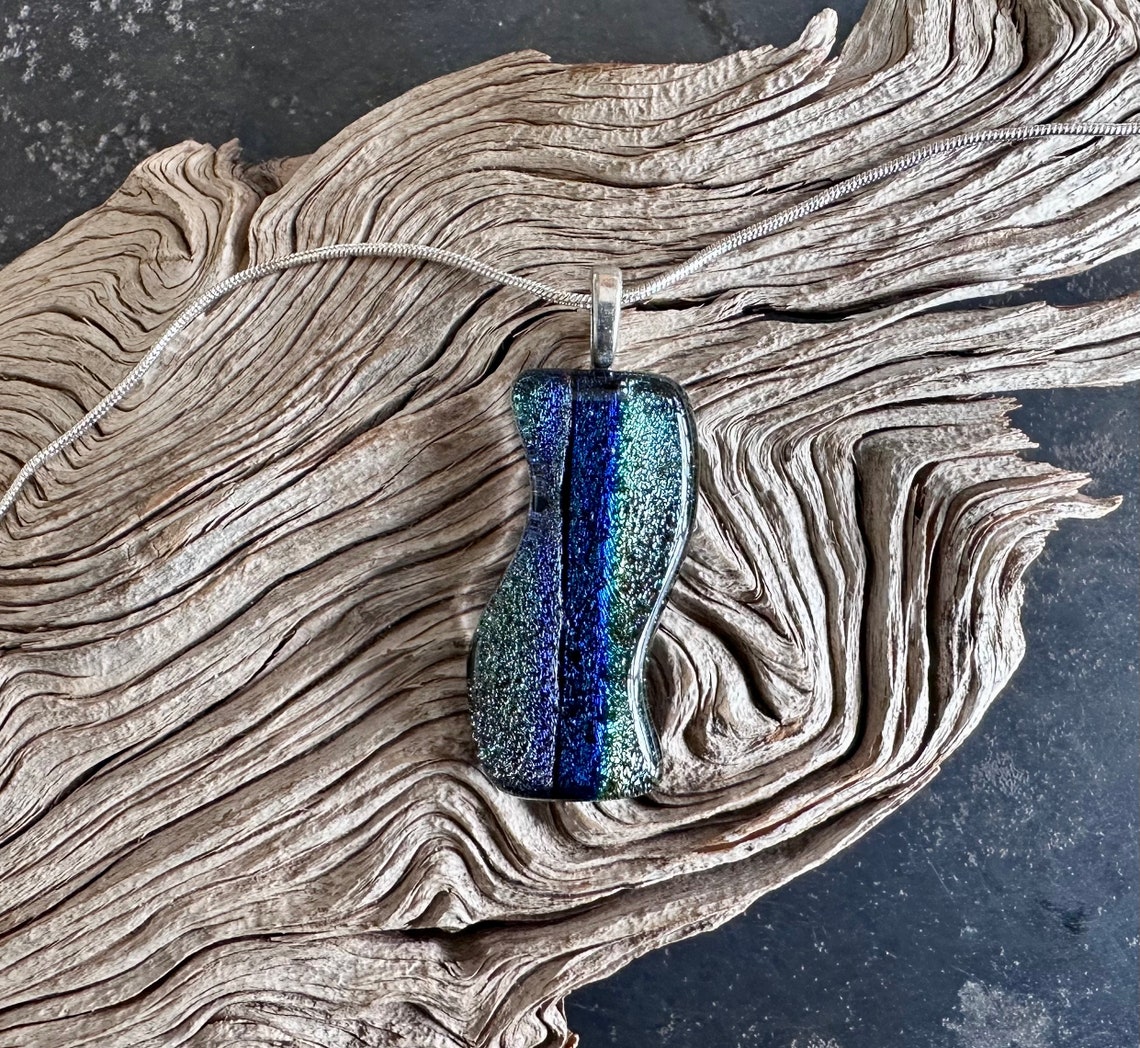 Blue Silver Pink Dichroic Fused Glass Pendant Striped Dichroic Glass ...