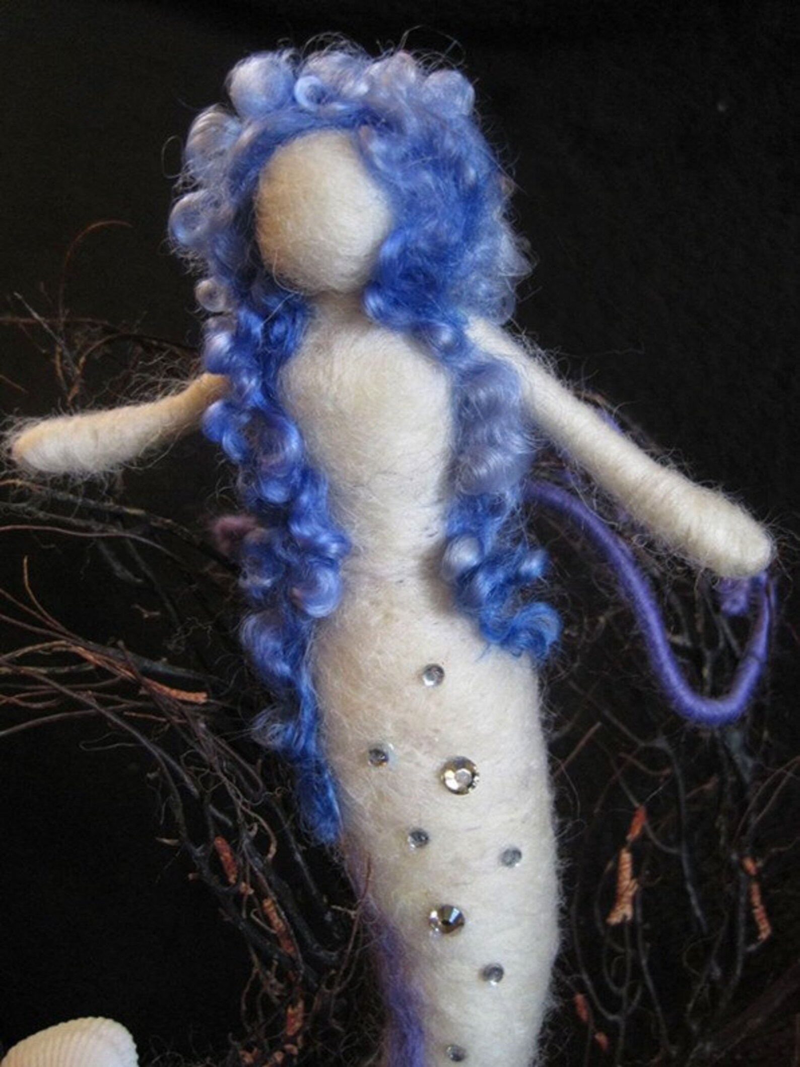 Needle Felted Mermaid, Blue Hair, Ocean, Seashell Fins and Rhine Stones ...