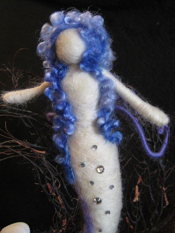 Needle Felted Mermaid Blue Hair Ocean Seashell Fins and | Etsy