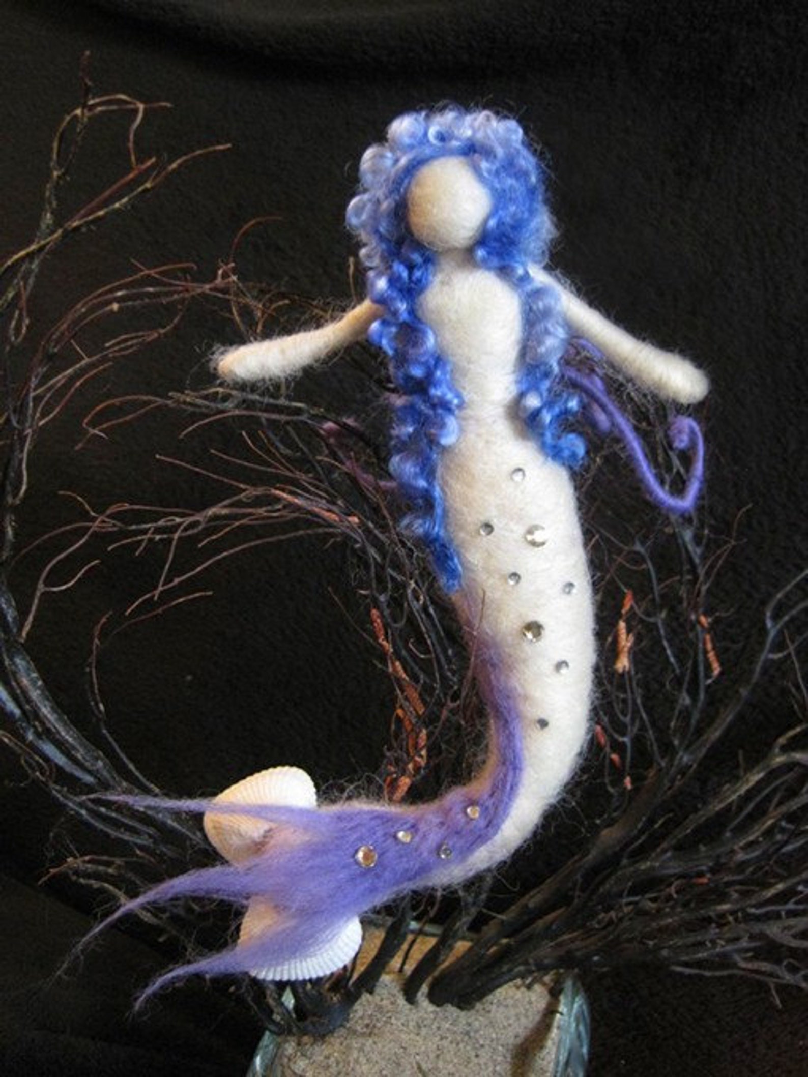 Needle Felted Mermaid, Blue Hair, Ocean, Seashell Fins and Rhine Stones ...