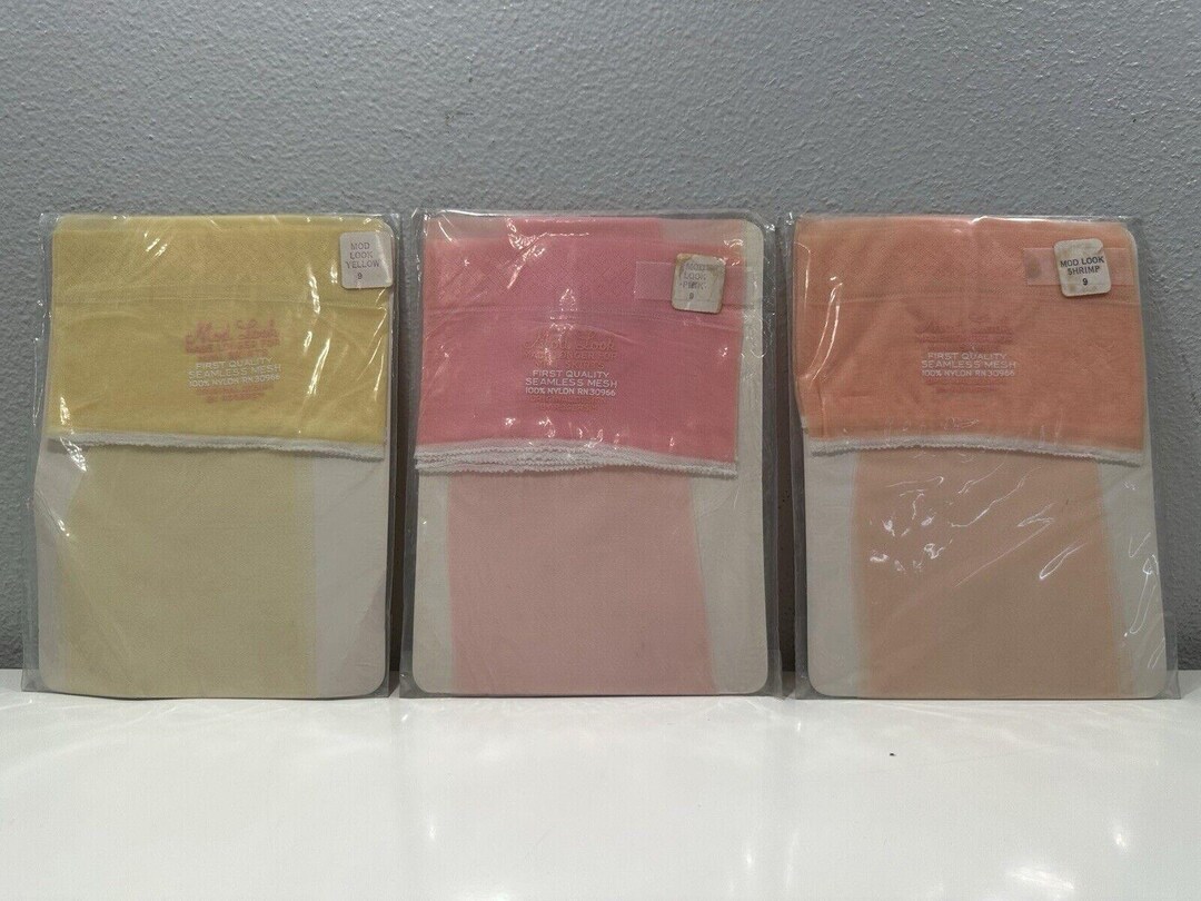 VINTAGE Mod Look Hosiery-seamless-yellow/pink/shrimp Sets Sz9m *new in ...
